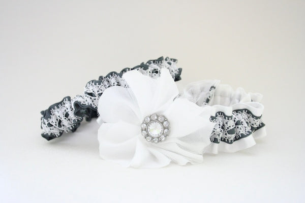 Dark Gray and White Lace Couture Wedding Garter Set