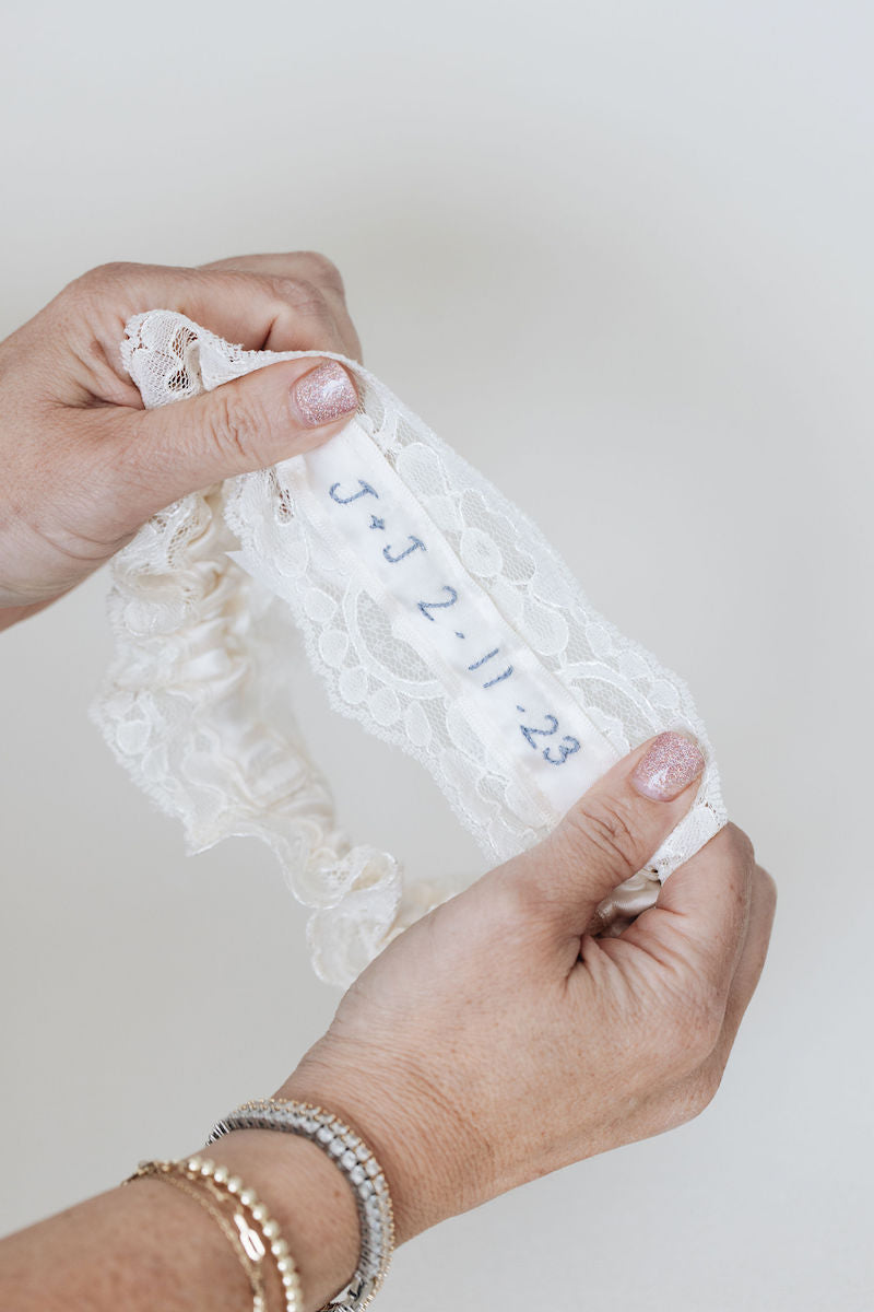 Lace Bridal Garter With Satin Bow & Personalized Embroidery