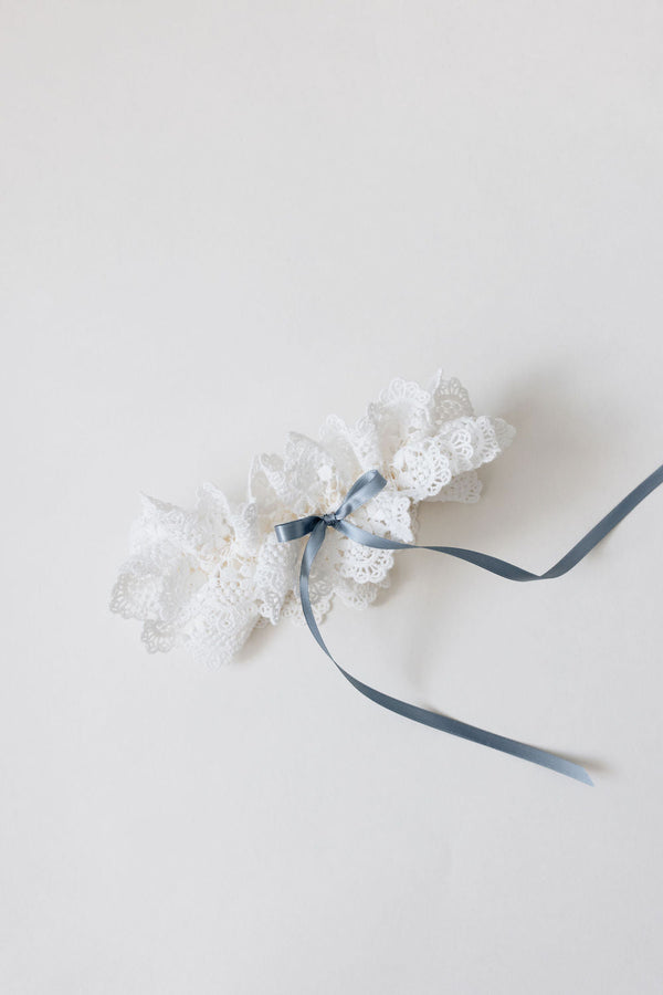 Feminine Wedding Garter with Ivory Lace & Dusty Blue Satin Bow