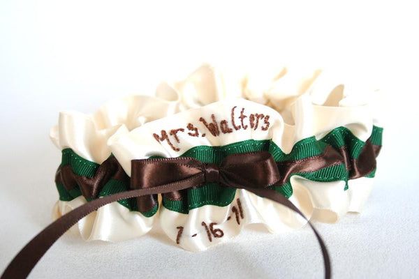 Ivory, Brown and Green Embroidered Garter Set | Wedding Garters, Bridal ...
