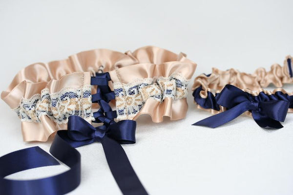 Custom Wedding Garter: Champagne, Navy and Gold + Embroidery | Wedding ...