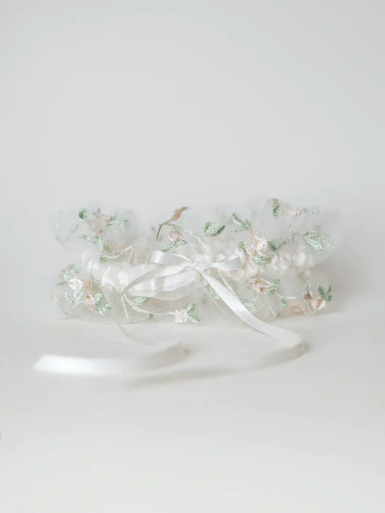 Flower Embroidered Tulle Bridal Garter Set With Personalized