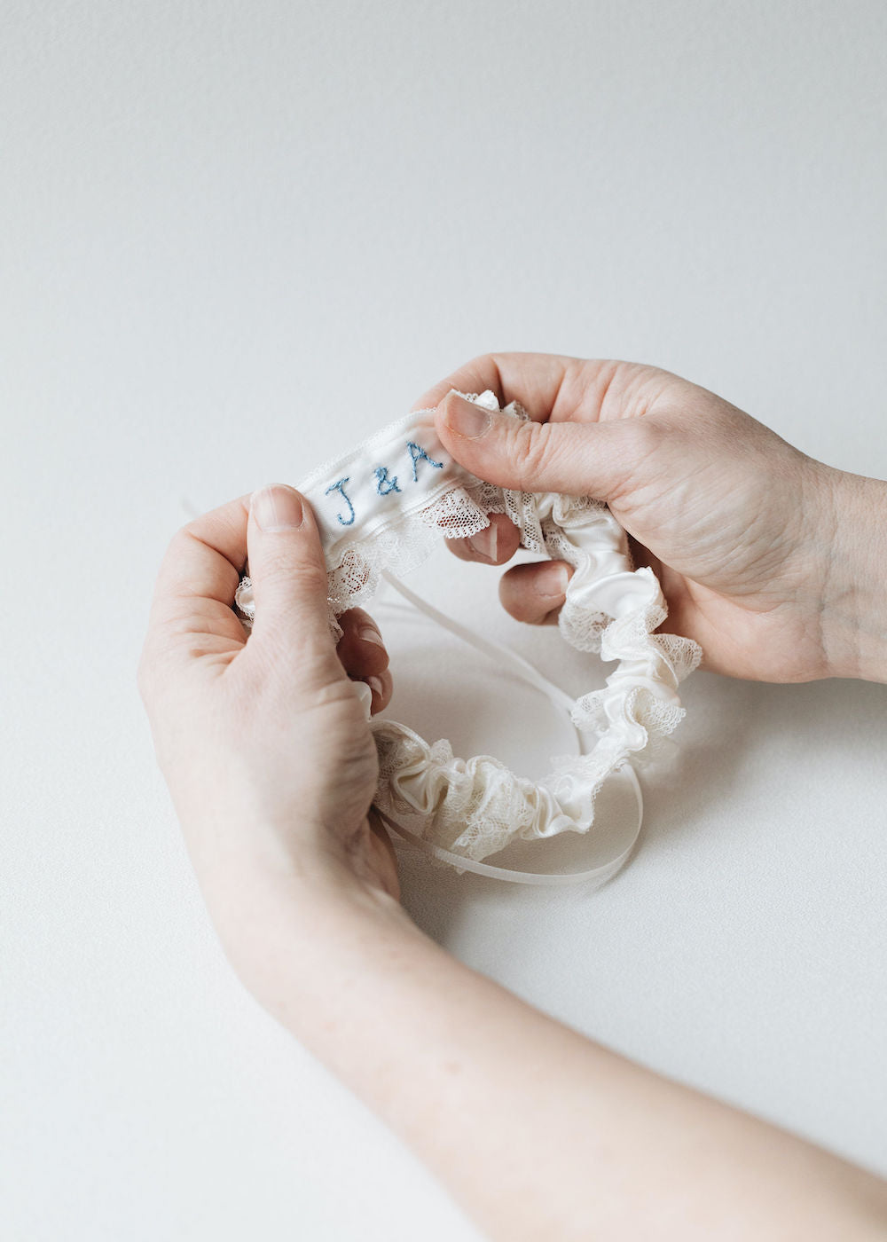 Pretty Ruffled Lace Wedding Garter with Personalized Embroidery