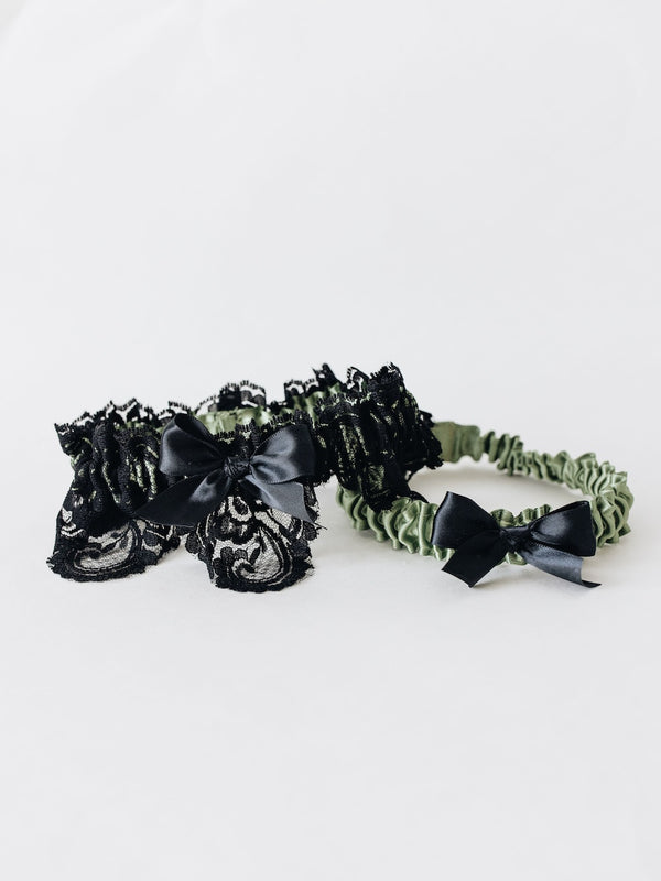 Unique Black Lace & Sage Green Wedding Garter Set