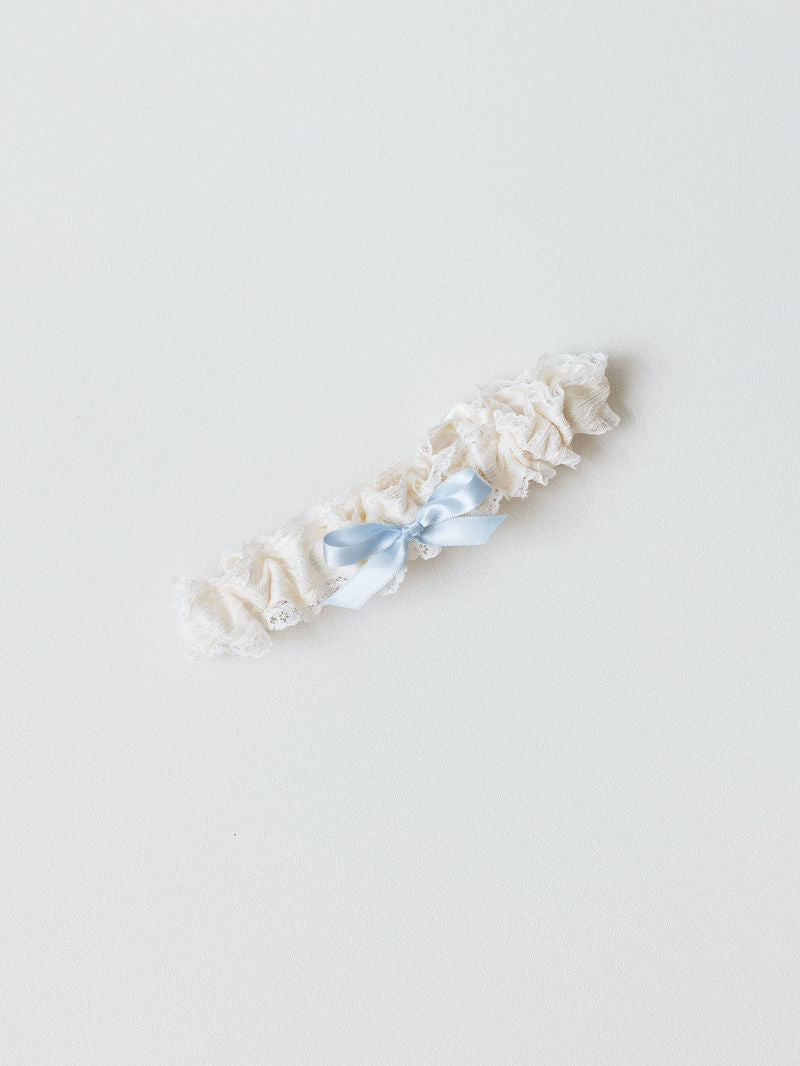 Simple Lace Bridal Garter With Light Blue Bow Hand Made Design