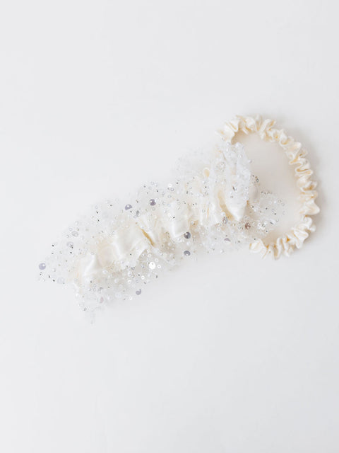 Wedding Garter Set With Sparkles, Pearls, Tulle & Beads